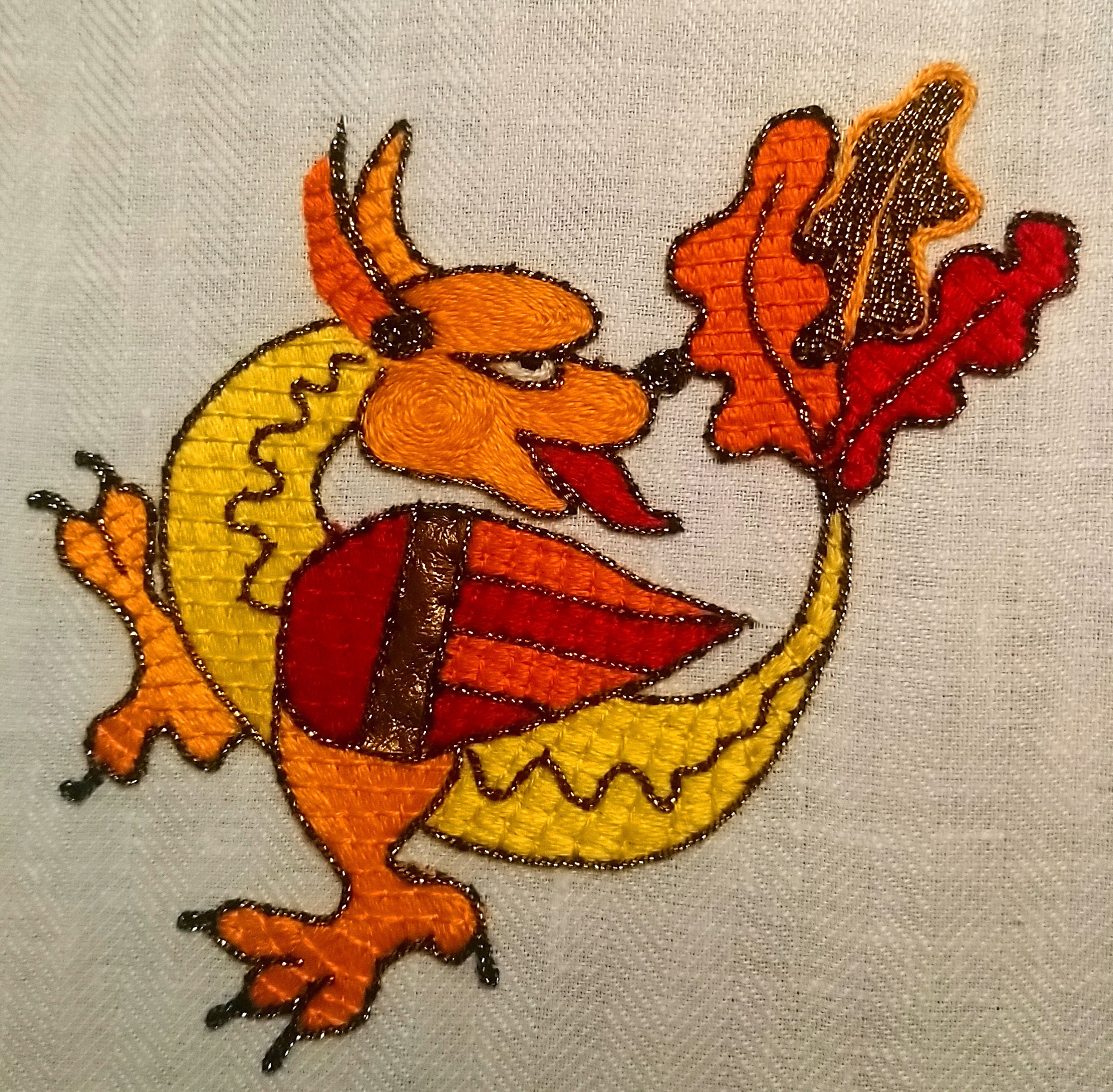 dancing oak leaf dragon laid and couched bayeux split stitch goldwork ...
